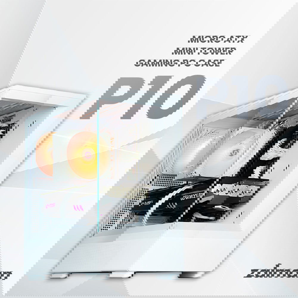 Zalman P10 mATX Gaming PC Case, Panoramic Glass, 1 x PWM ARGB Fan - Wh ...