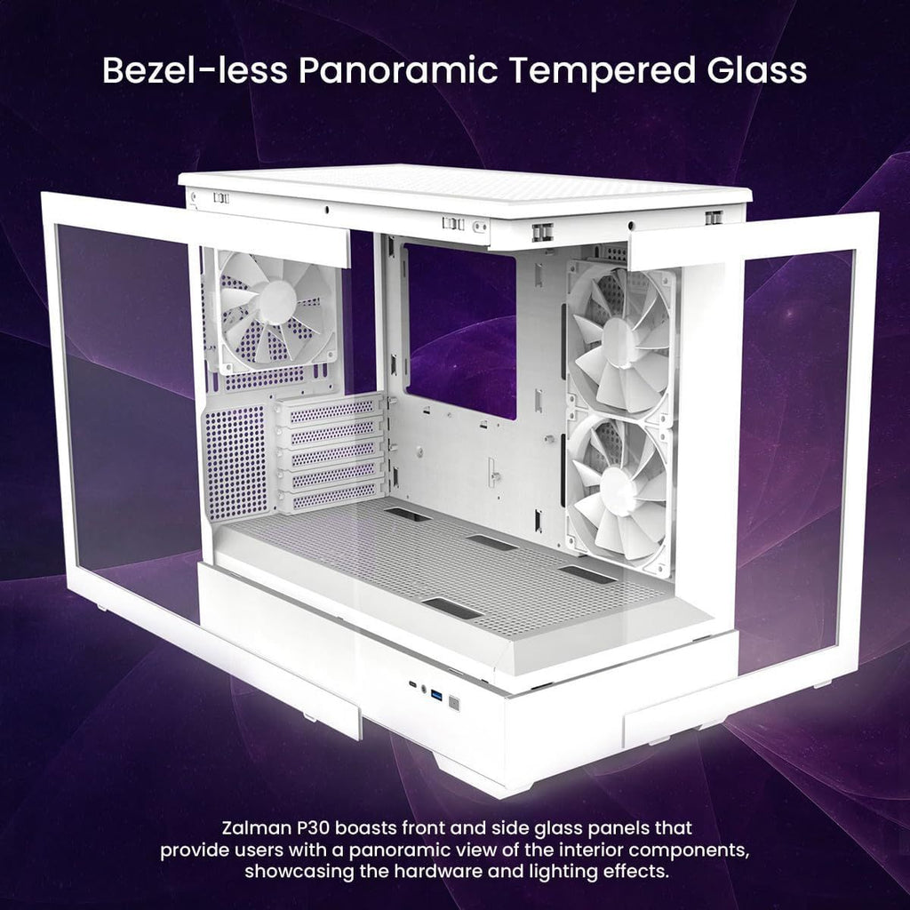 Zalman P30 mATX Mini-Tower PC Case Panoramic Glass 3 x ARGB Fans - Whi ...